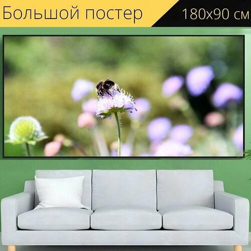 Большой постер "Пчела, природа, цветок" 180 x 90 см. для интерьера