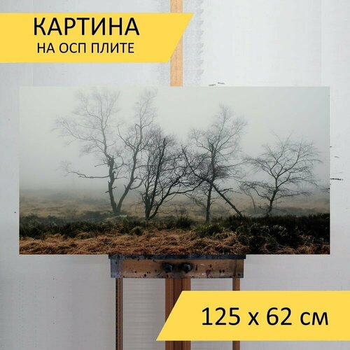 Картина на ОСП 125х62 см. "Туман, падение, природа" горизонтальная, для интерьера, с креплениями