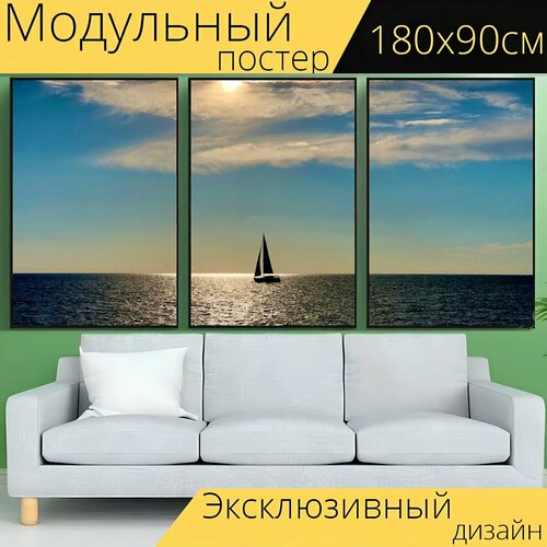 Модульный постер "Лодка, море, заход солнца" 180 x 90 см. для интерьера