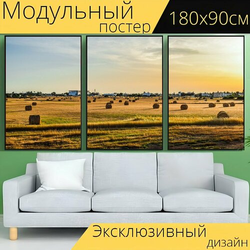 Модульный постер "Поле, пейзаж, сельское хозяйство" 180 x 90 см. для интерьера