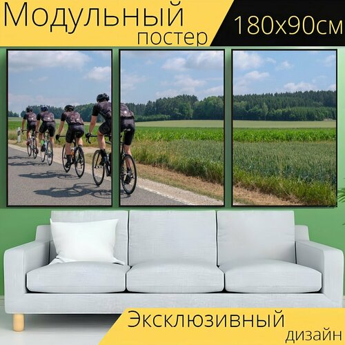 Модульный постер "Шоссейный велосипед, велосипедисты, марафон" 180 x 90 см. для интерьера