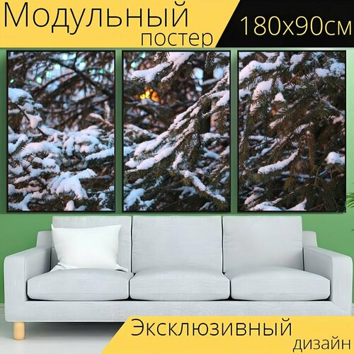 Модульный постер "Ель, снег, зима" 180 x 90 см. для интерьера