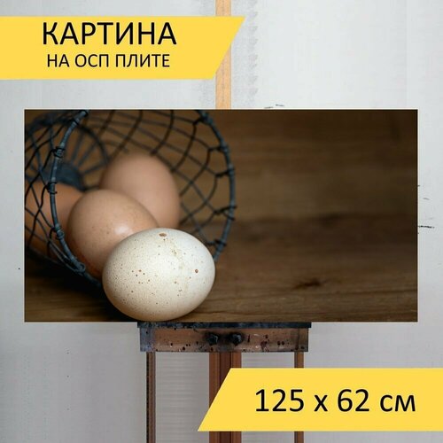 Картина на ОСП 125х62 см. "Яйца, куриные яйца, корзина" горизонтальная, для интерьера, с креплениями