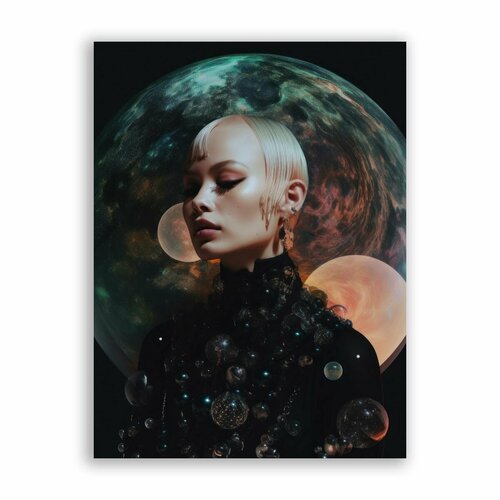 Постер, плакат на бумаге / Девушка и луна / Размер 30 x 40 см
