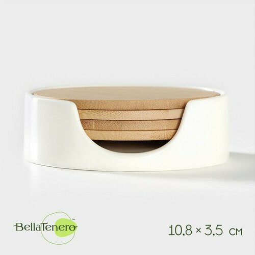 BellaTenero Набор бамбуковых подставок под кружки на керамической подставке BellaTenero, 4 предмета, 9,7×0,4 см