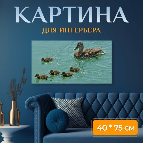 Картина на холсте "Вода, утки, семья" на подрамнике 75х40 см. для интерьера