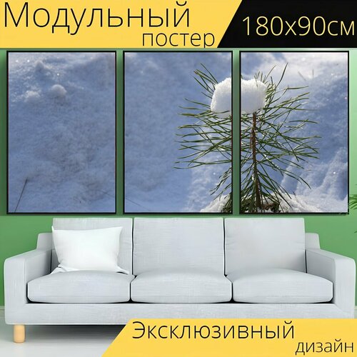 Модульный постер "Зима, саженец, мороз" 180 x 90 см. для интерьера