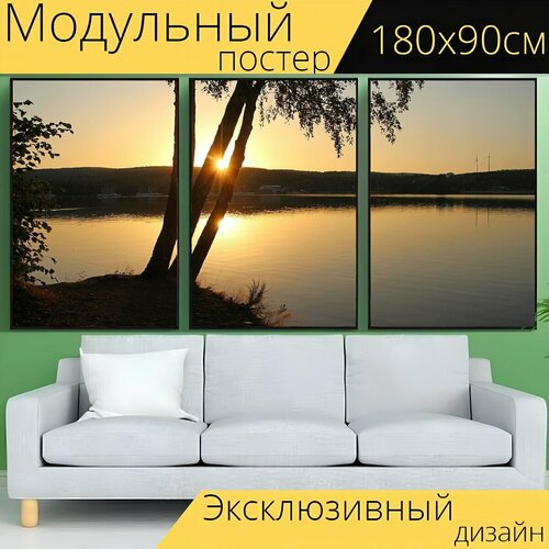 Модульный постер "Заход солнца, озеро, вода" 180 x 90 см. для интерьера