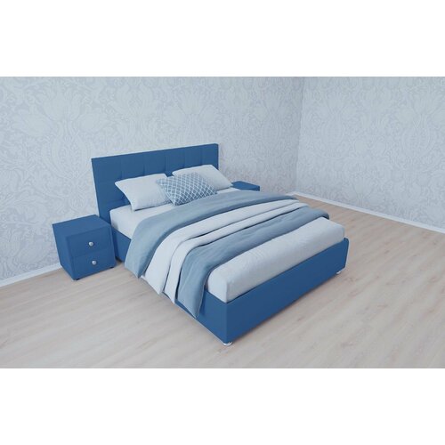 Двуспальная кровать Афина 160x200 основание металлическое с ламелями велюр синий ножки 5 см
