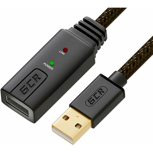 GCR Удлинитель активный 10.0m USB 2.0, AM/AF, GOLD, черно-прозрачный, с усилителем сигнала Premium, 24/22 AWG, разъём для доп. питания, 44-050618 Greenconnect USB 2.0 Type-AM - USB 2.0 Type-AF (44-050618)