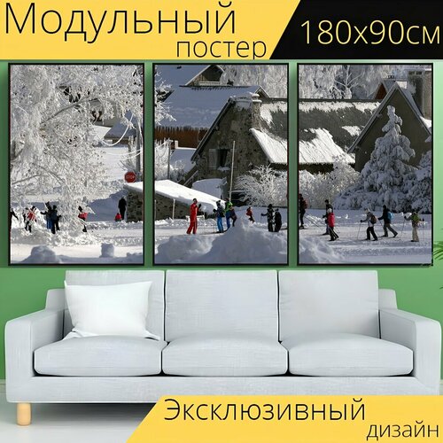 Модульный постер "Зимы, гора, кататься на лыжах" 180 x 90 см. для интерьера