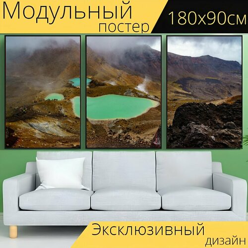 Модульный постер "Вулкан, пейзаж, панорама" 180 x 90 см. для интерьера