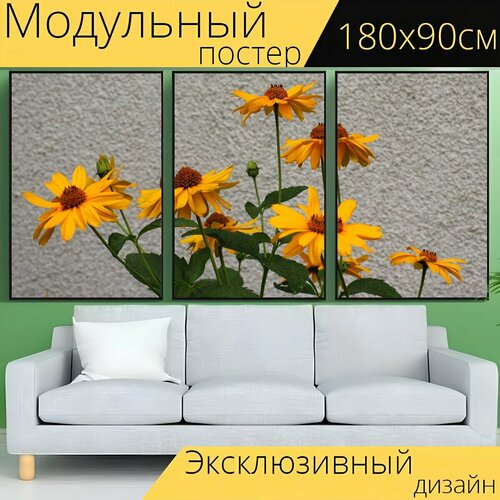 Модульный постер "Цветы, желтые цветы, фиолетовый эхинацея" 180 x 90 см. для интерьера