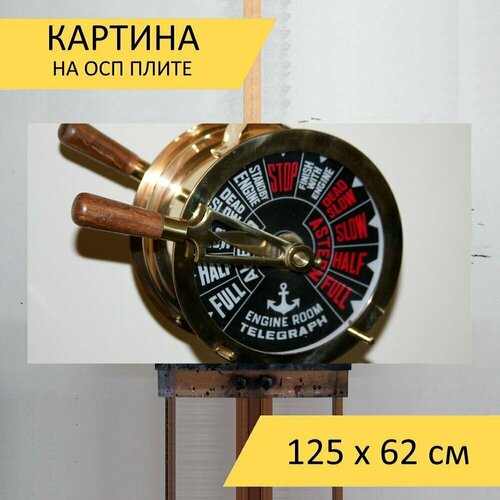 Картина на ОСП 125х62 см. "Латунный машинный телеграф, морской символ, капитанский мостик" горизонтальная, для интерьера, с креплениями