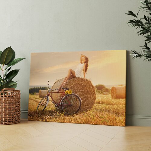 Картина на холсте (велосипед девушка поле атмосферно с в и с подсолнухами) 60x80 см/для интерьера/в комнату/на стену/в подарок