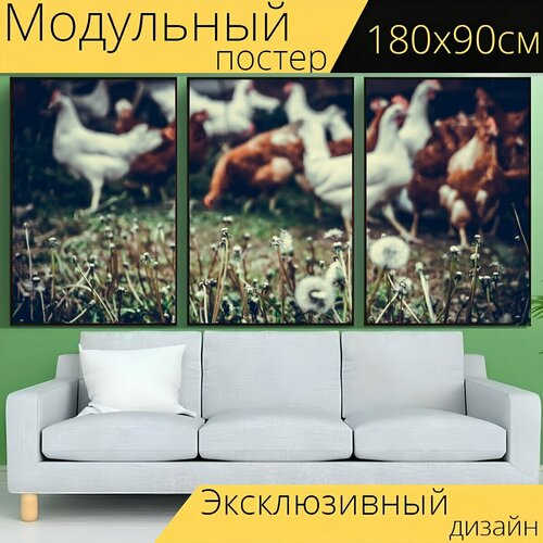 Модульный постер "Курицы, курица, флора" 180 x 90 см. для интерьера