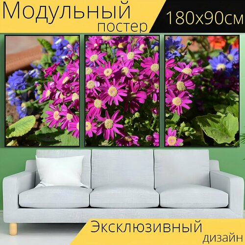 Модульный постер "Садовый цветок, оранжевые цветы, фиолетовые цветы" 180 x 90 см. для интерьера
