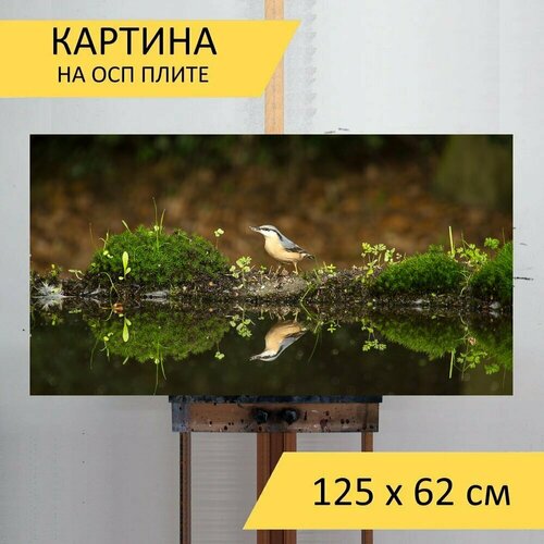 Картина на ОСП 125х62 см. "Птица, природа, отражение" горизонтальная, для интерьера, с креплениями