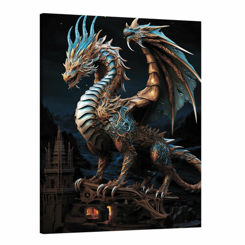 Интерьерная картина 50х70 "Древний деревянный дракон: волшебство эпох"