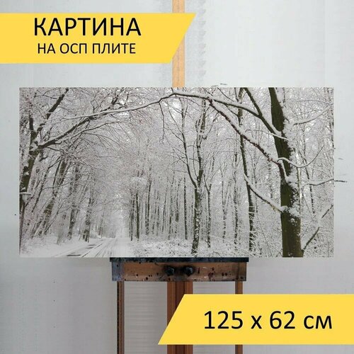 Картина на ОСП 125х62 см. "Лес, снег, улица" горизонтальная, для интерьера, с креплениями