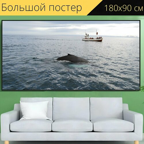 Большой постер "Исландия, кит, наблюдение за китами" 180 x 90 см. для интерьера