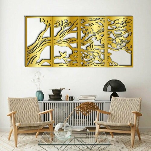 Декоративное металлическое панно, Дерево с птицами, набор из 4 элементов декора (матовое золото)