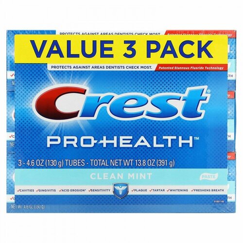 Crest, Pro-Health, Clean Mint, зубная паста с фтором, чистая мята, 3 шт. В упаковке, по 130 г