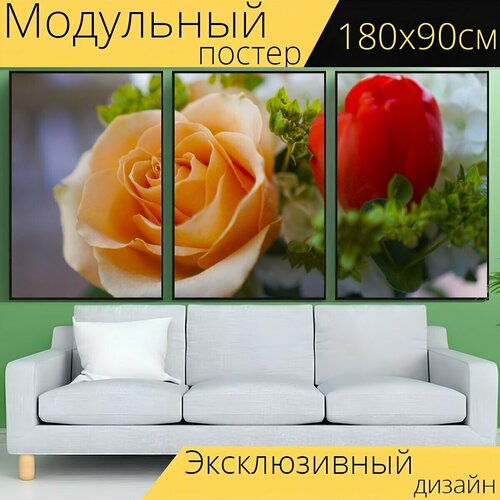 Модульный постер "Роза, цветок, цветочный" 180 x 90 см. для интерьера