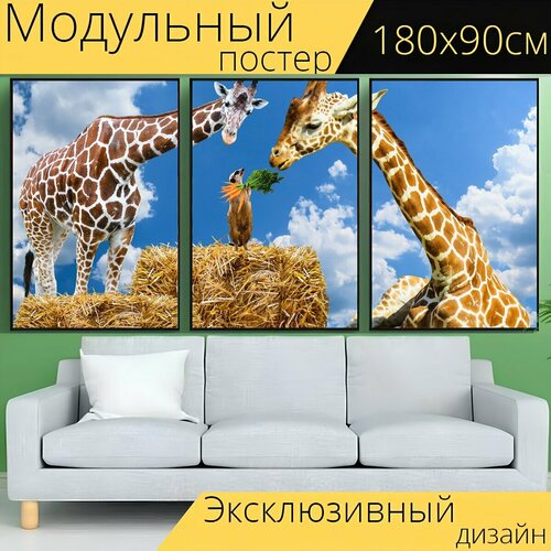 Модульный постер "Дикая природа, жирафа, сурикат" 180 x 90 см. для интерьера