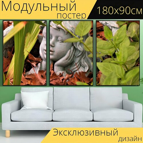Модульный постер "Ангел, статуя, сад" 180 x 90 см. для интерьера