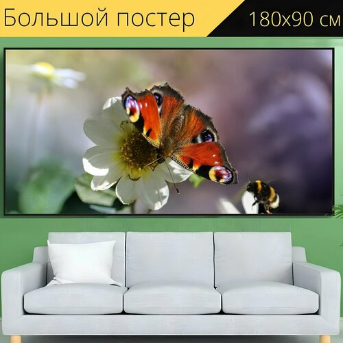 Большой постер "Бабочка павлиний, пчела, цветок" 180 x 90 см. для интерьера