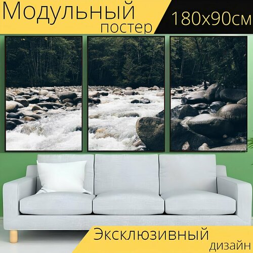 Модульный постер "Река, скалистый, лес" 180 x 90 см. для интерьера
