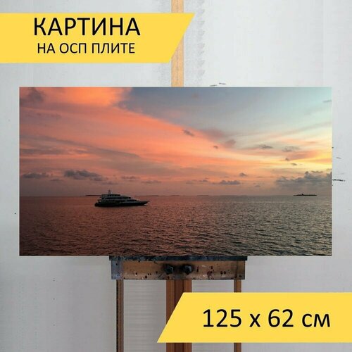 Картина на ОСП 125х62 см. "Закат, море, белое облако" горизонтальная, для интерьера, с креплениями