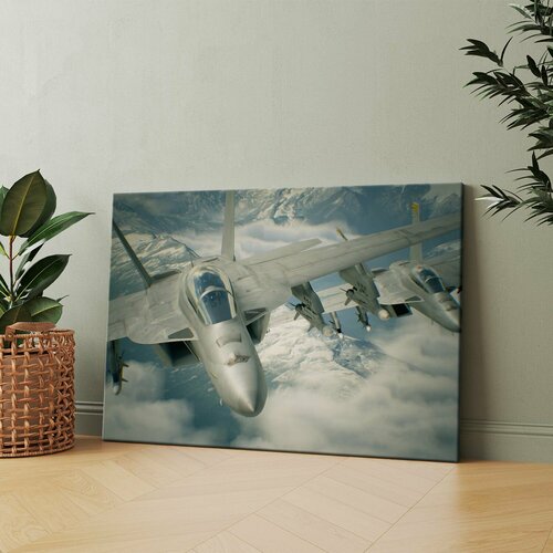 Картина на холсте (Истребитель летит сквозь облака) 30x40 см. Интерьерная, на стену.