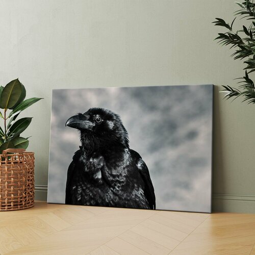 Картина на холсте (Черная птица сидит на деревянном столбе) 40x60 см. Интерьерная, на стену.