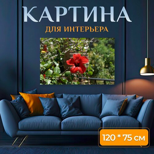Картина на холсте "Гибискус, красный, тычинка" на подрамнике 120х75 см. для интерьера