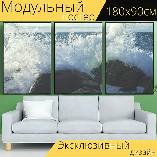 Модульный постер "Брызги, волны, горные породы" 180 x 90 см. для интерьера