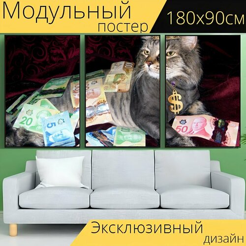 Модульный постер "Серебро, кошка, богатство" 180 x 90 см. для интерьера