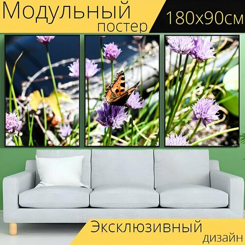 Модульный постер "Чеснок, бабочка, природа" 180 x 90 см. для интерьера