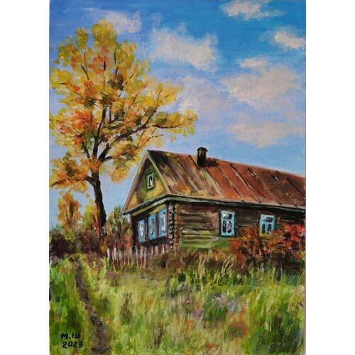 Картина "Деревенский домик" ручной работы в единственном экземпляре 25х35см