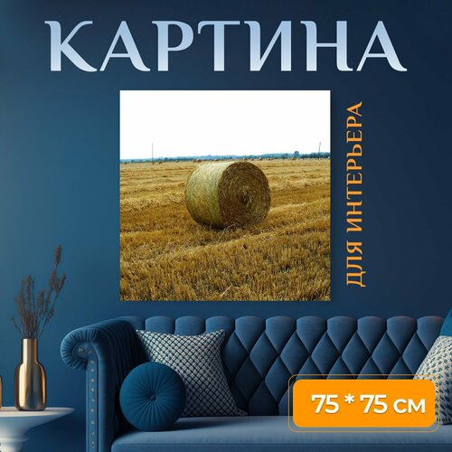 Картина на холсте "Убранное пшеничное поле, тюк соломы, летом" на подрамнике 75х75 см. для интерьера