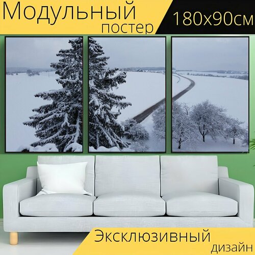 Модульный постер "Зима, зимний рисунок, природа" 180 x 90 см. для интерьера