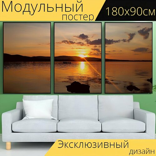Модульный постер "Заход солнца, море, болгария" 180 x 90 см. для интерьера