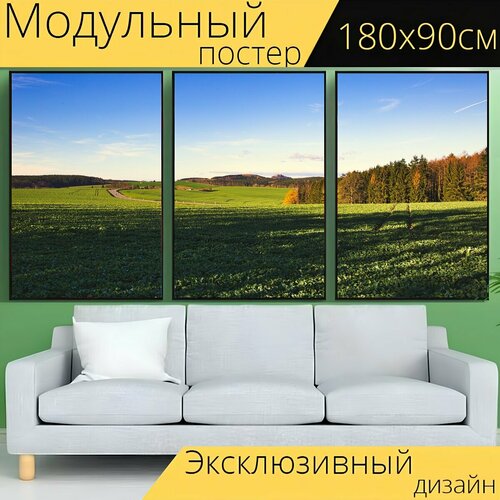 Модульный постер "Пейзаж, поля, лес" 180 x 90 см. для интерьера