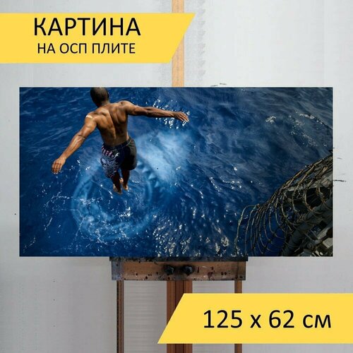 Картина на ОСП 125х62 см. "Нырять, вода, море" горизонтальная, для интерьера, с креплениями