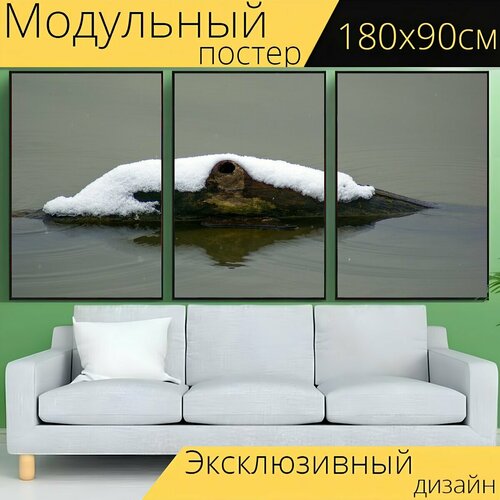 Модульный постер "Снег на коряге в озере, снег, озеро" 180 x 90 см. для интерьера