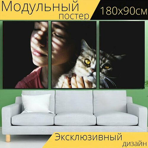 Модульный постер "Девушка, кот, красавица" 180 x 90 см. для интерьера
