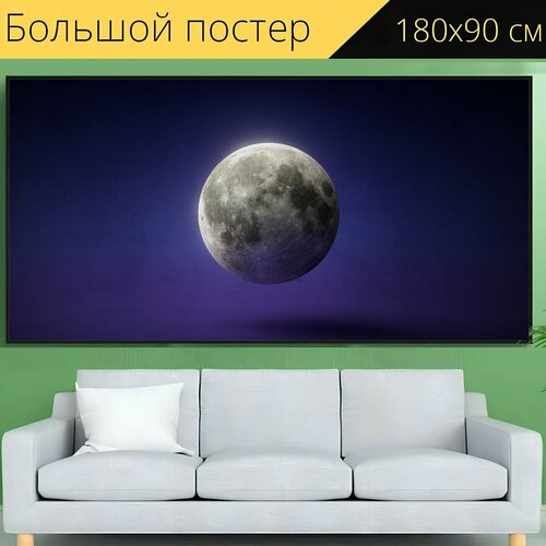 Большой постер "Луна, свет луны, кратеры" 180 x 90 см. для интерьера