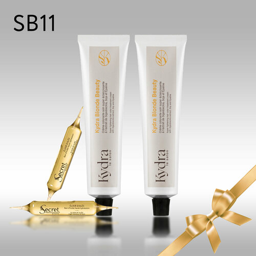 Kydra набор Blonde Beauty: 2 краски, 2 ампулы, Подарок аксессуар для волос. Краска SB11 CENDRE` PROFOND SUPER BLONDE DEEP ASH Экстра светлый блонд 2 шт, 60 мл, Эликсир-уход с гиалуроновой кислотой для уплотнения структуры волос 2 ампулы по 10мл, Подарок