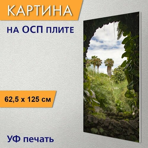 Вертикальная картина на ОСП "Тенерифе, пальма, сад" 62x125 см. для интерьериа